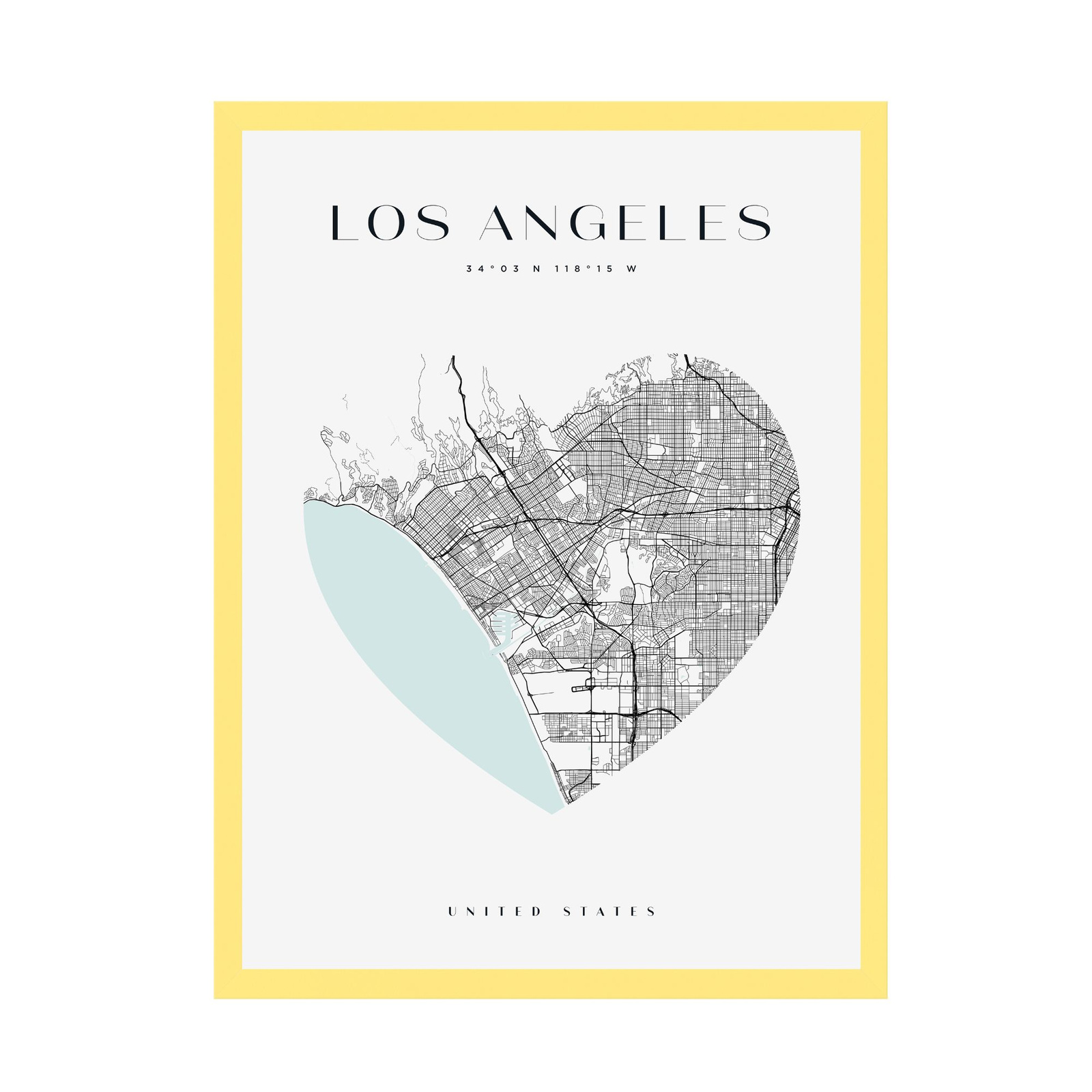 Plakat Mapa miasta Los Angeles serce 40X50 cm + ramka żółta Żółty ...