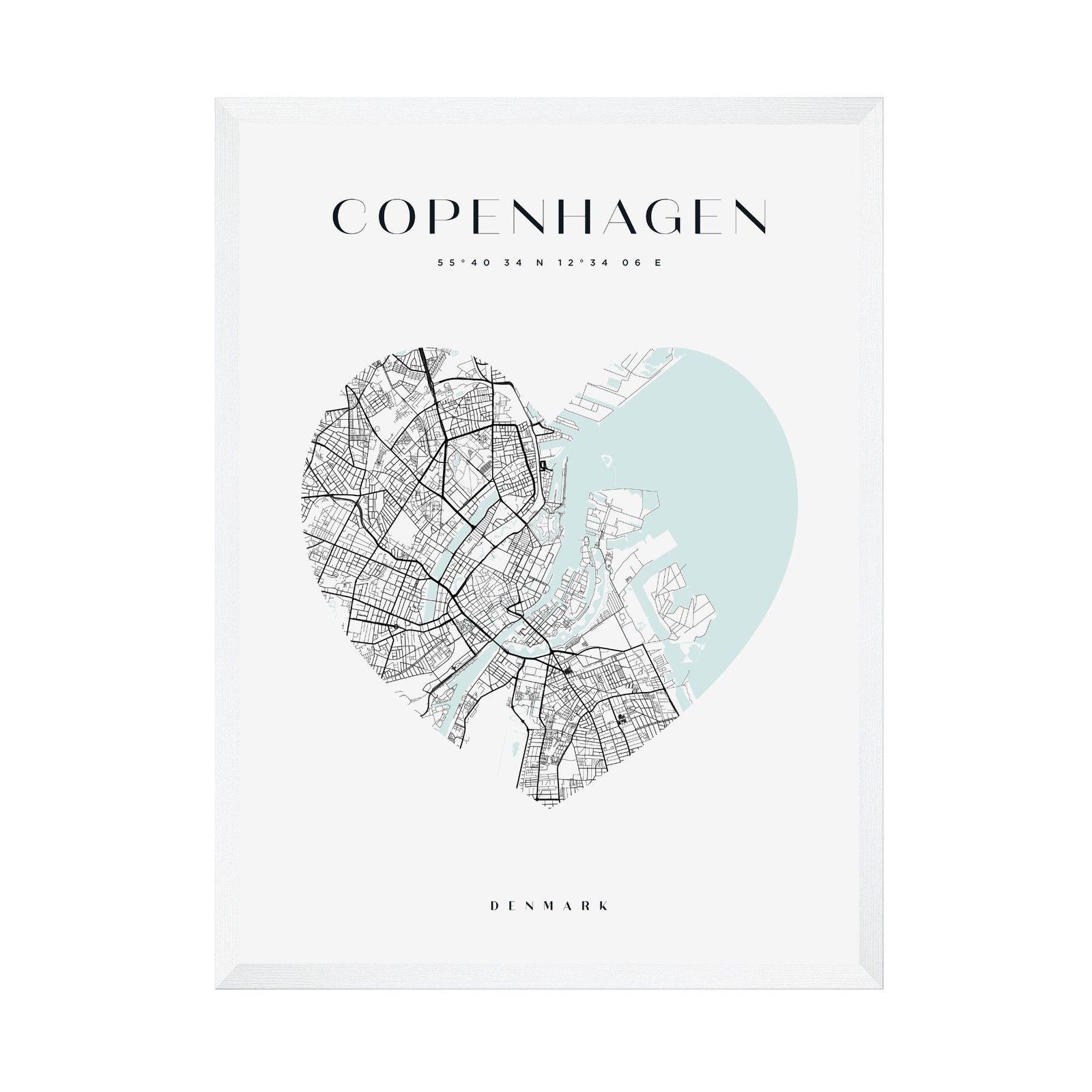 Plakat Mapa miasta Kopenhaga serce 50X70 cm + ramka biała Biały \ 50x70 ...