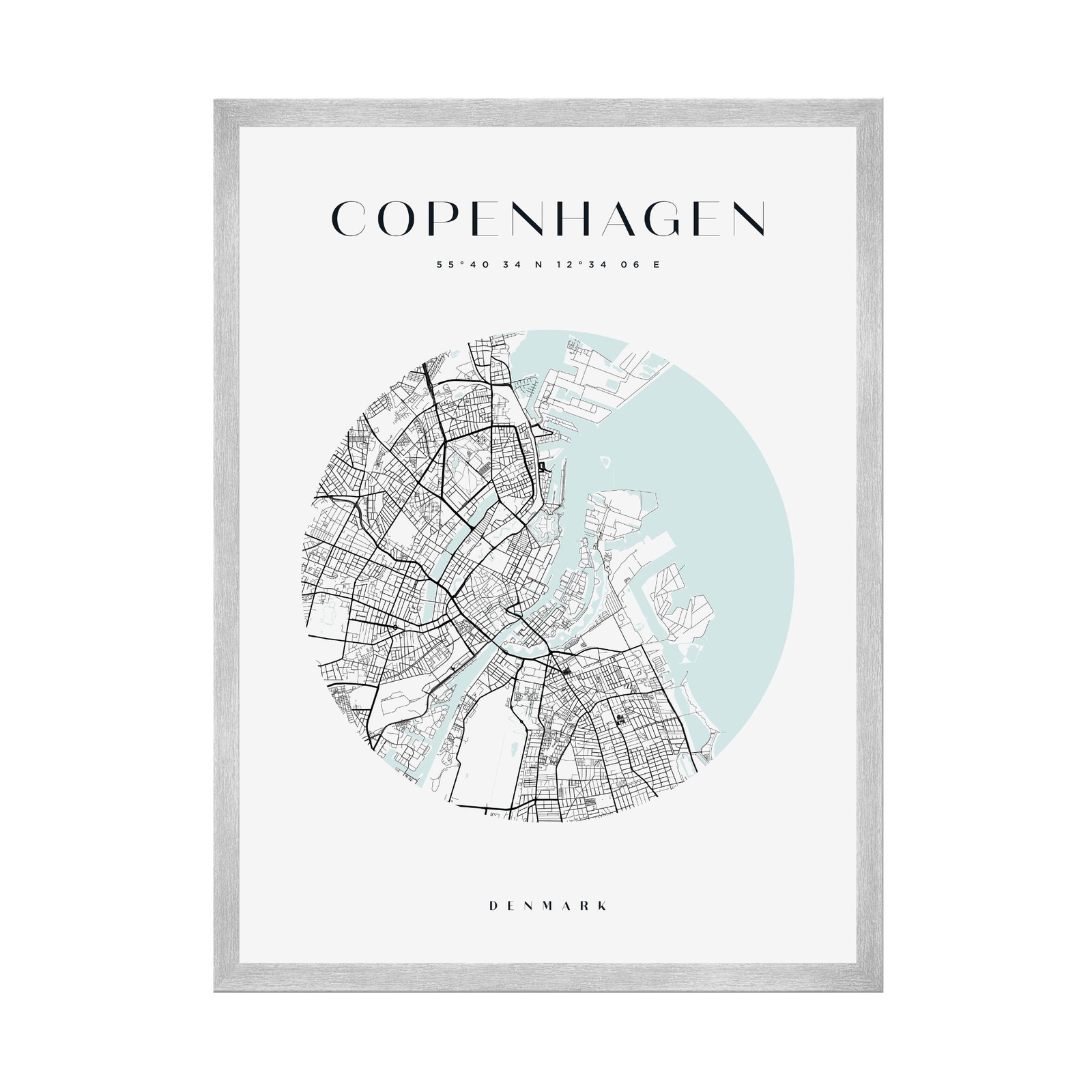 Plakat Mapa miasta Kopenhaga koło 50X70 cm + ramka srebrna Srebrny ...